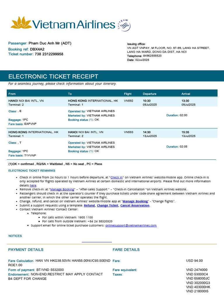 Electronic Ticket-EMD Receipt 09JUL for DUC ANH PHAM | PDF
