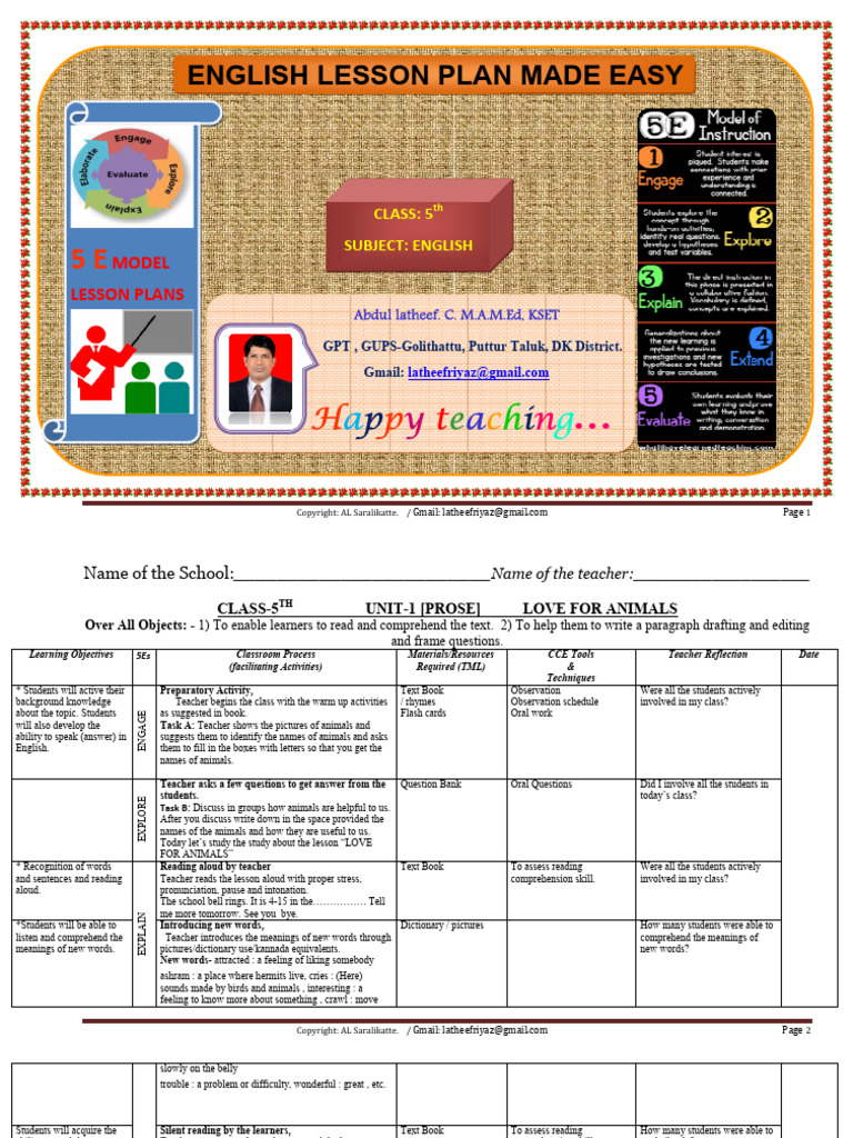 Class 5 English Lesson Plans | PDF | Reading Comprehension | Human ...