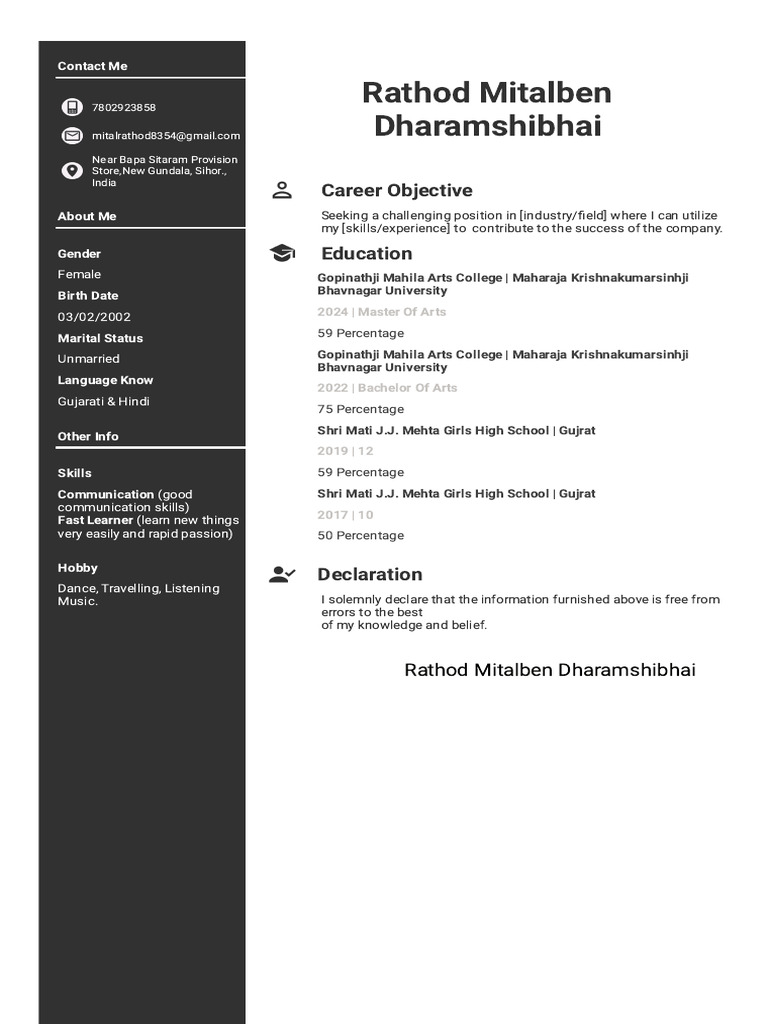 Mitalben Rathod's CV and Contact Info | PDF