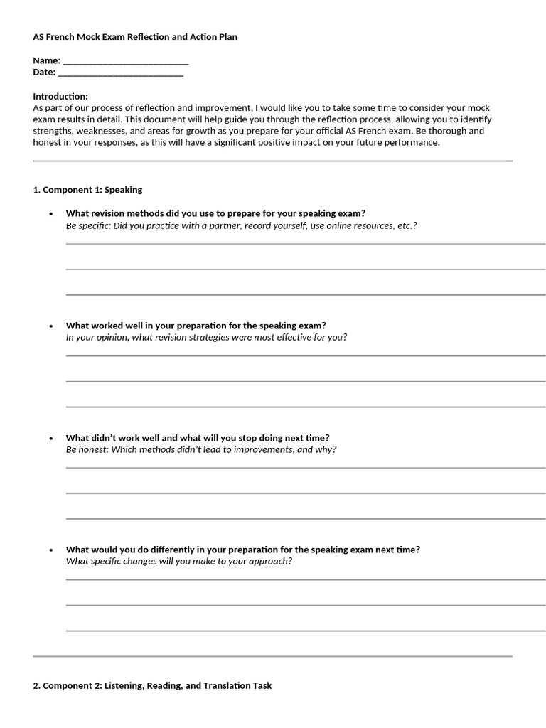 AS French Exam Reflection & Action Plan | PDF | Translations | Learning