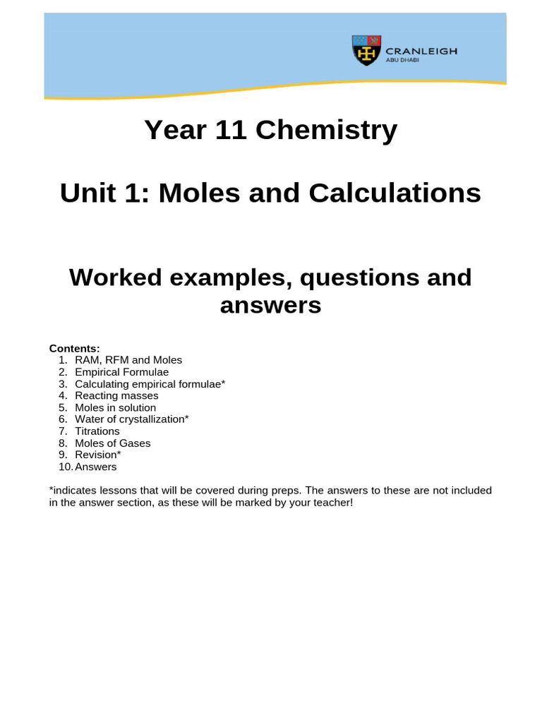 Unit 1 - Moles Full Workbook TRIPLESINGLE | PDF | Acid | Mole (Unit)