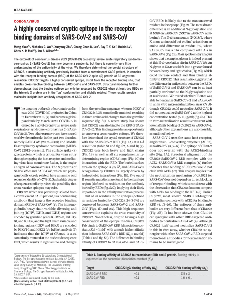 YUAN 2020 a Highly Conserved Cryptic Epitope in the Receptor | PDF ...