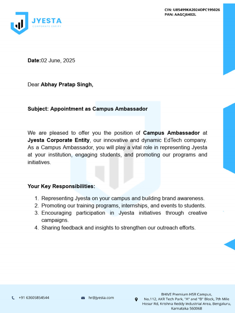 Abhay Pratap Singh - CA Offer Letter | PDF