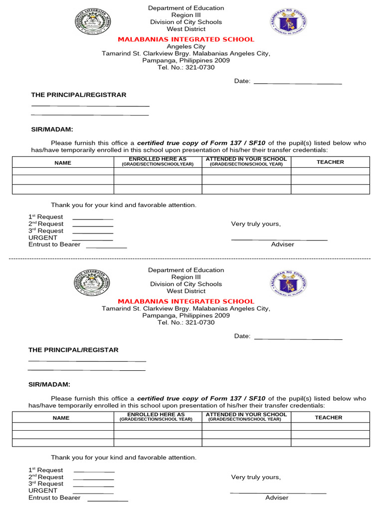 Request Letter F137 Blank Form | PDF | Philippines