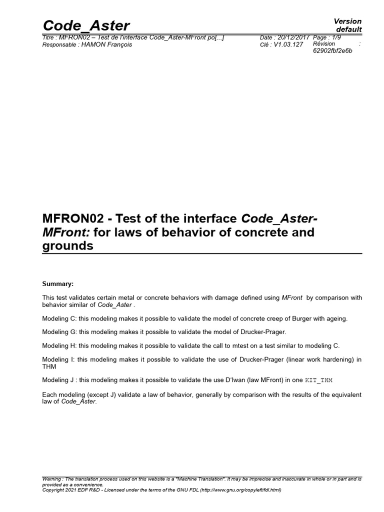 Code - Aster: MFRON02 - Test of The Interface For Laws of Behavior of ...