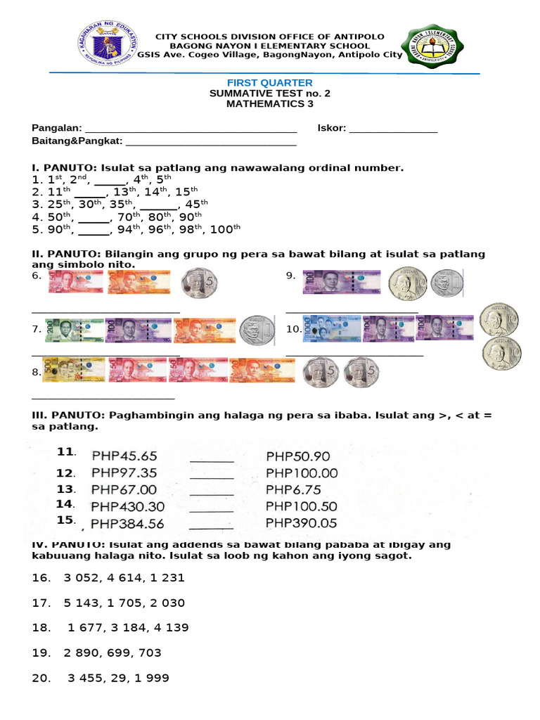 Q1 Summative 2 Math | PDF