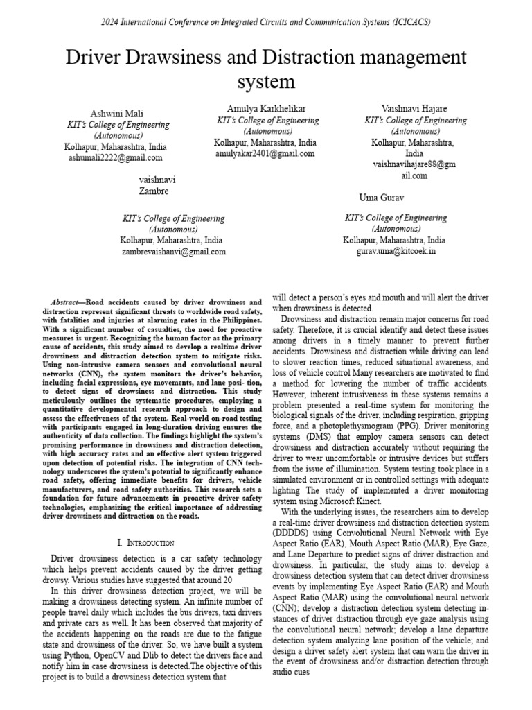 Driver Drawsiness and Distraction Management System | PDF | Traffic ...