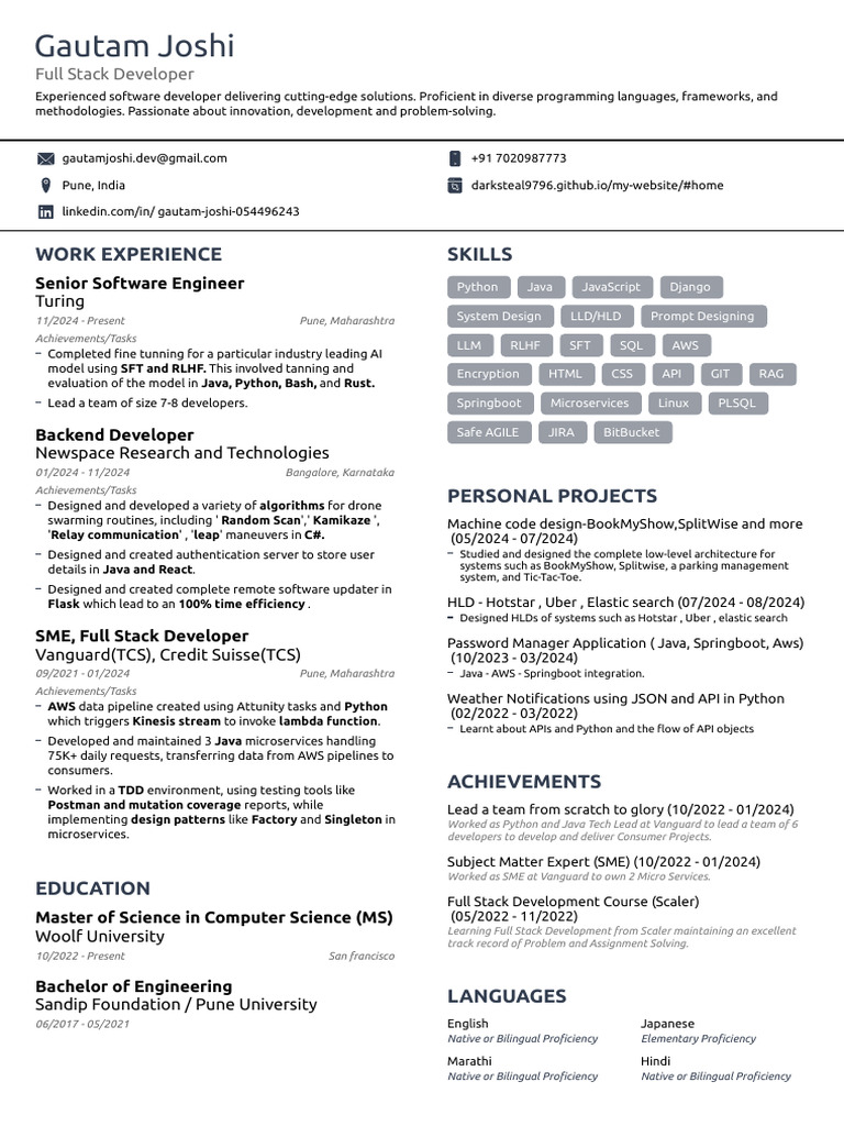 Resume Gautam Joshi Turing | PDF | Amazon Web Services | Java ...