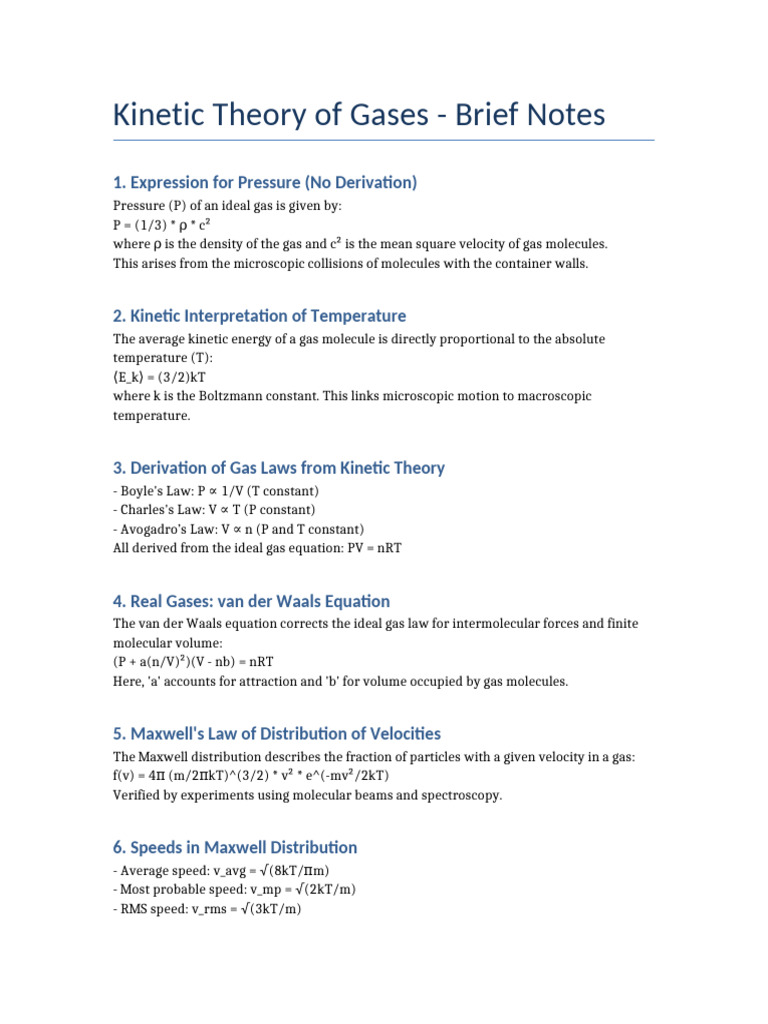 Kinetic Theory of Gases Notes | PDF