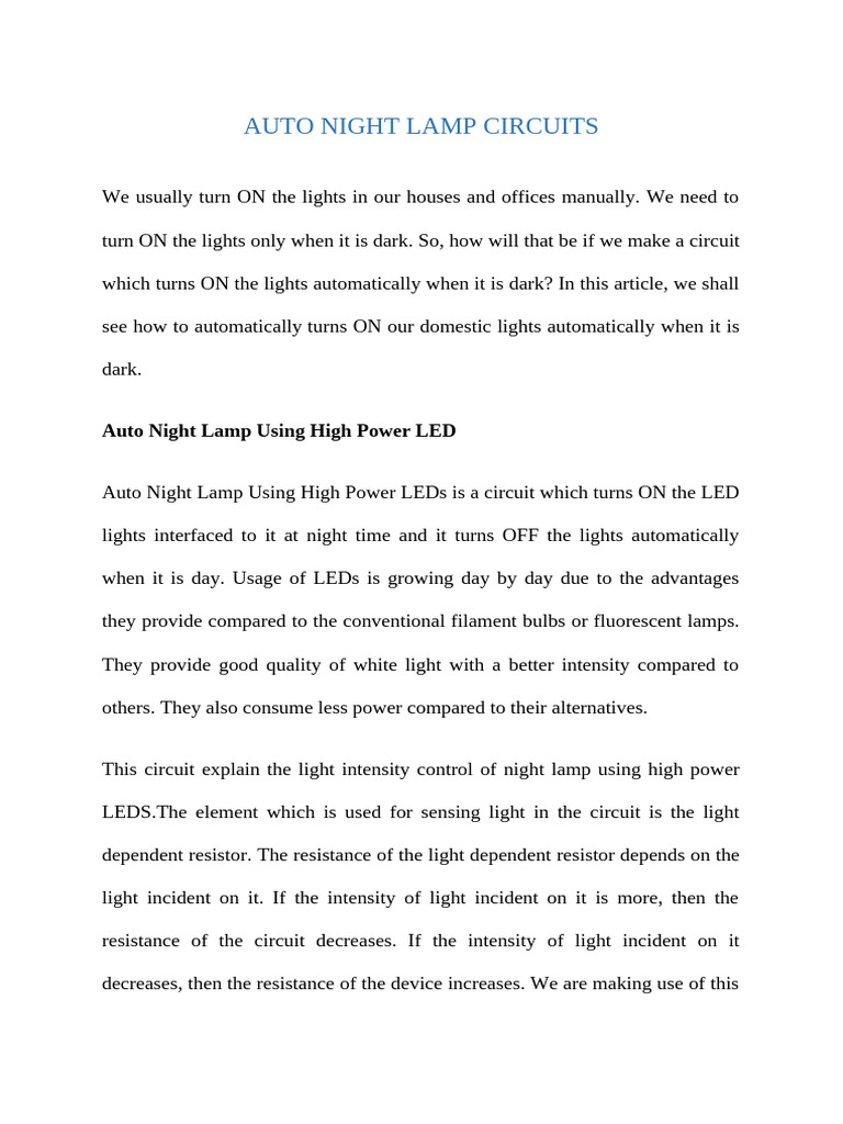 Auto Night Light Circuit Design | PDF