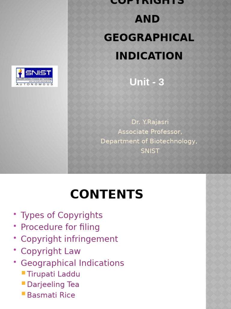 IPR Unit 3 Copyrights and Geographical Indications - 20.1.18 | PDF ...