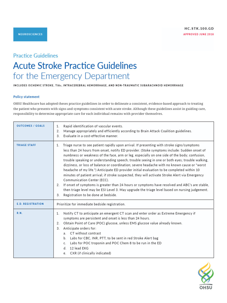 OHSU Acute Stroke Practice Guidelines For The Emergency Department 2018 ...