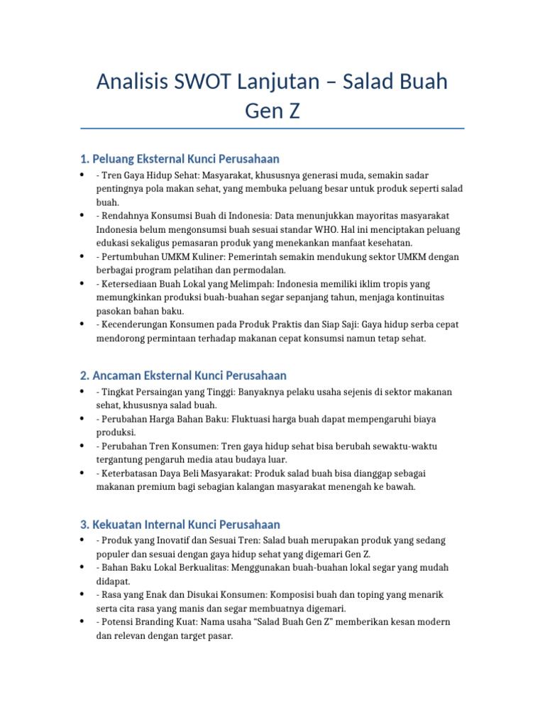 Analisis SWOT Lanjutan Salad Buah Gen Z | PDF