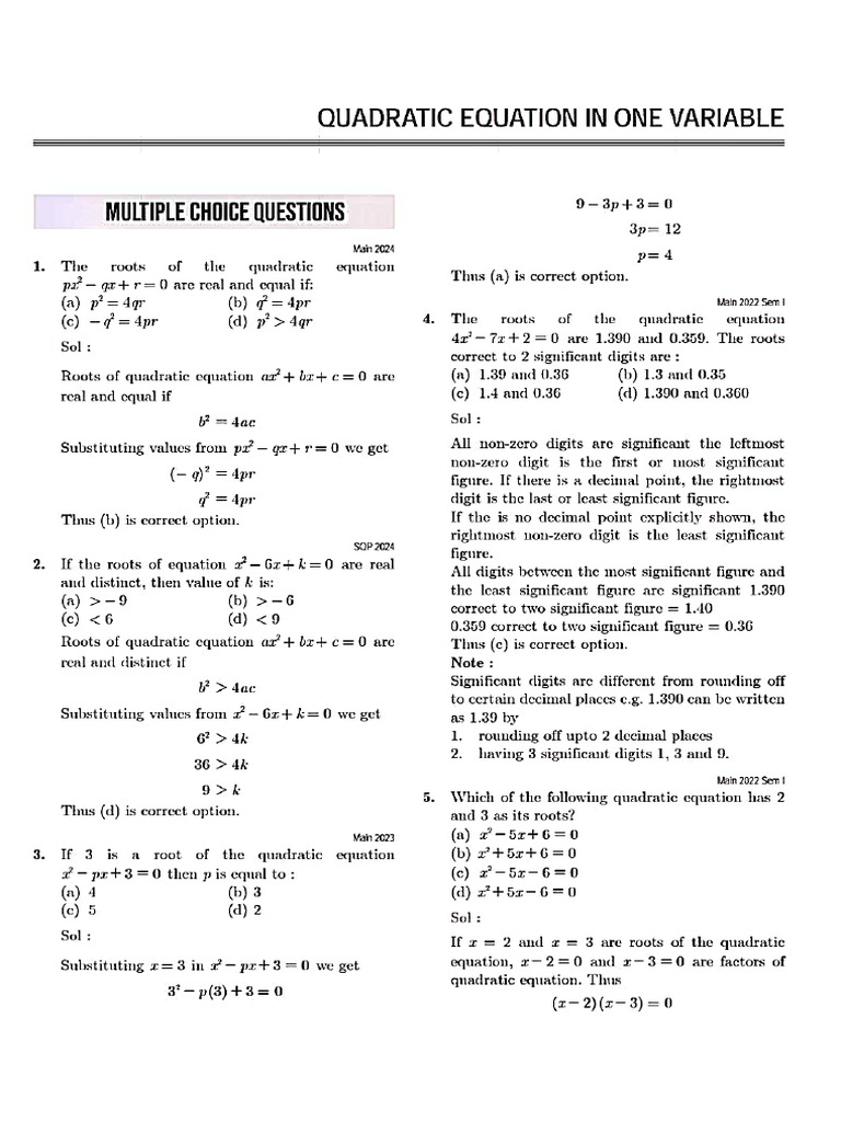 Quadratic Eqn MCQ | PDF