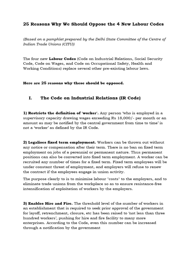 Reasons to Oppose New Labour Codes | PDF | Employment | Trade Union