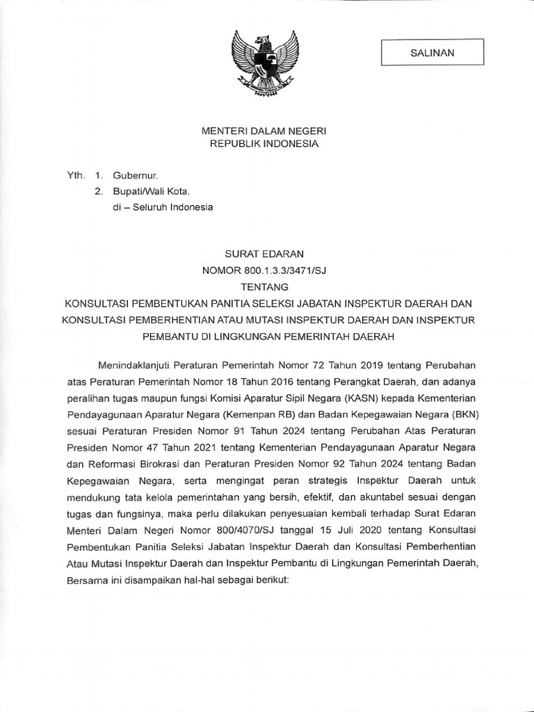 Surat Edaran Konsultasi Pembentukan Panitia Seleksi Jabatan Inspektur | PDF