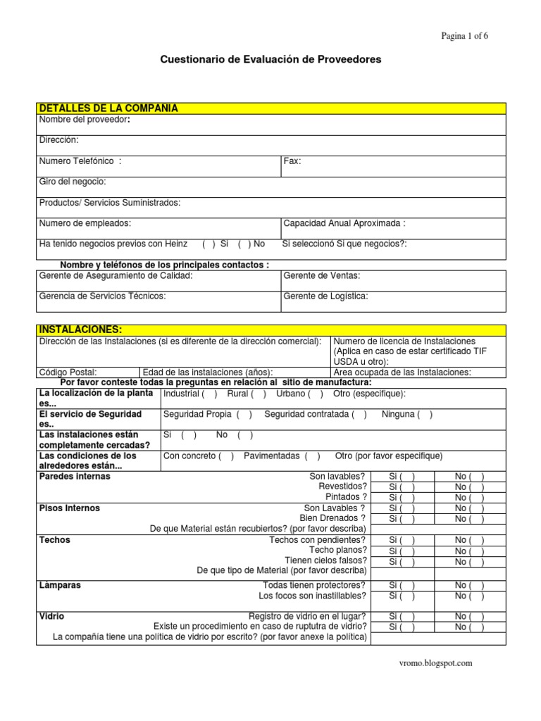 Cuestionario de Evaluación de Proveedores Cuestionario de Evaluación de Proveedores