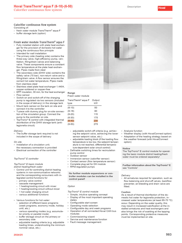 Hoval TransTherm® Aqua F Overview | PDF | Water Heating | Mechanical ...