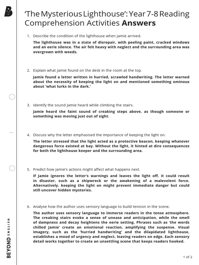 The Mysterious Lighthouse' Year 7-8 Reading Comprehension Activities ...