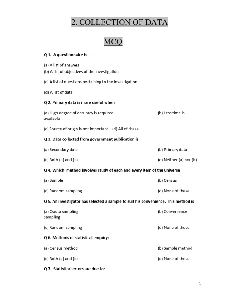 Data Collection Methods MCQ and Answers | PDF | Sampling (Statistics ...