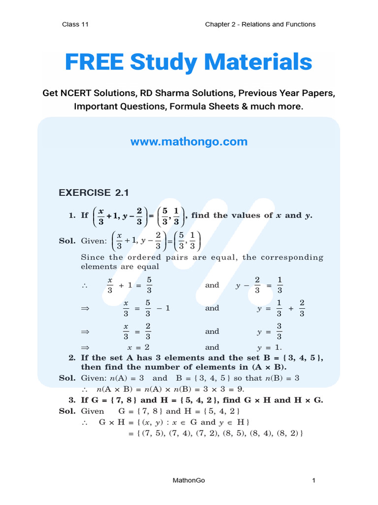 NCERT Solutions Class 11 Maths Chapter 2 Relations and Functions 1 11 | PDF | Function ...