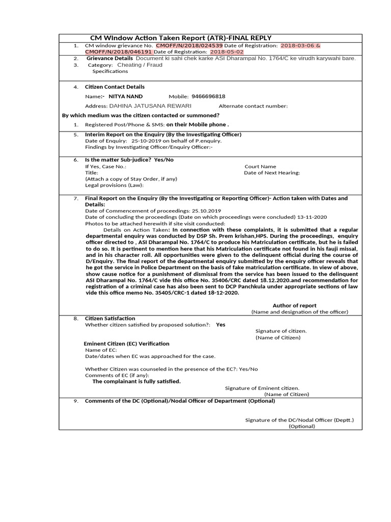 ATR Performa of Nitya Nand | PDF | Justice | Crime & Violence