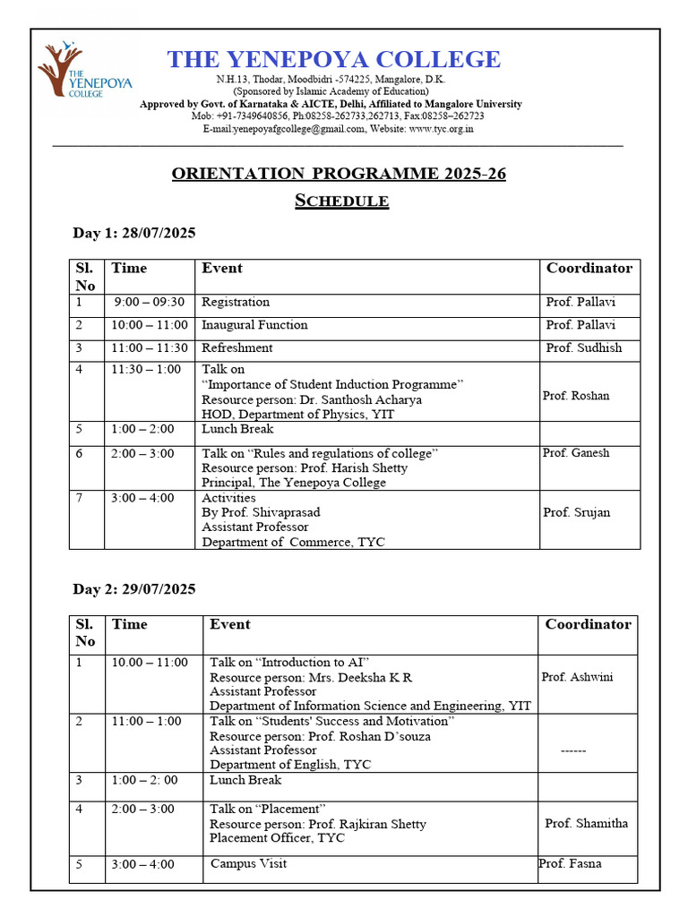 Orientation Schedule With Coordinator | PDF