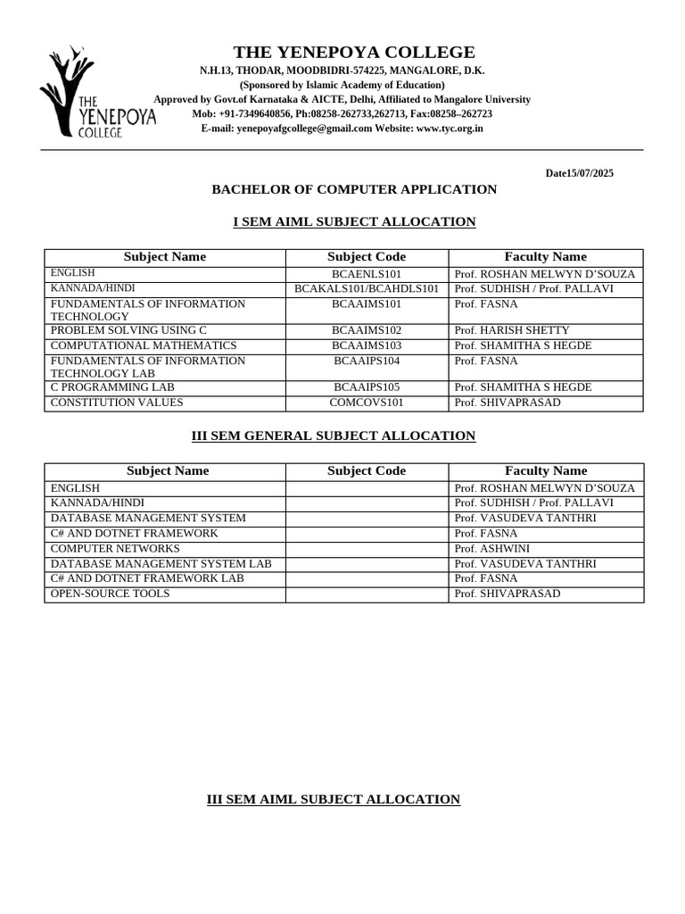 Subject Allocation Oddsem Bca | PDF | Computing | Computer Engineering