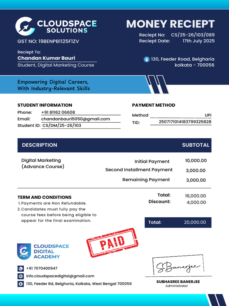 Chandan Kumar Bauri Money Reciept | PDF