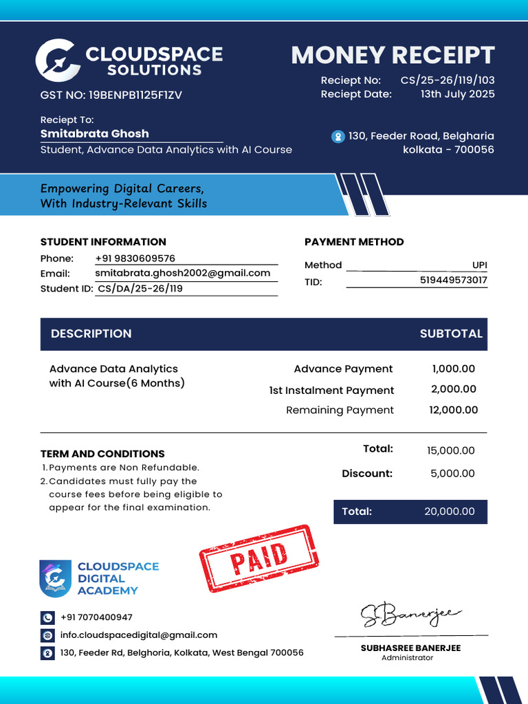 Smitabrata Ghosh Money Reciept | PDF