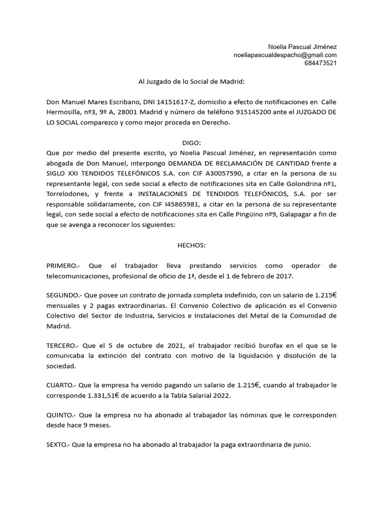 Práctica Demanda Procesal Laboral | PDF | Demanda judicial | Salario