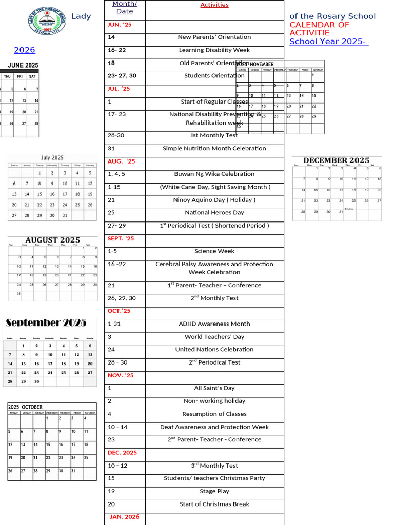 Lady of the Rosary School Calendar 2025 | PDF | Disability