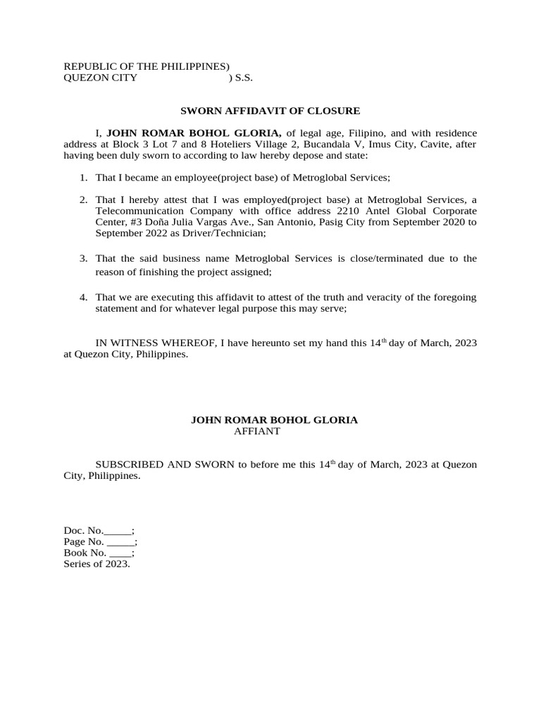Sworn Affidavit of Closure Gloria | PDF