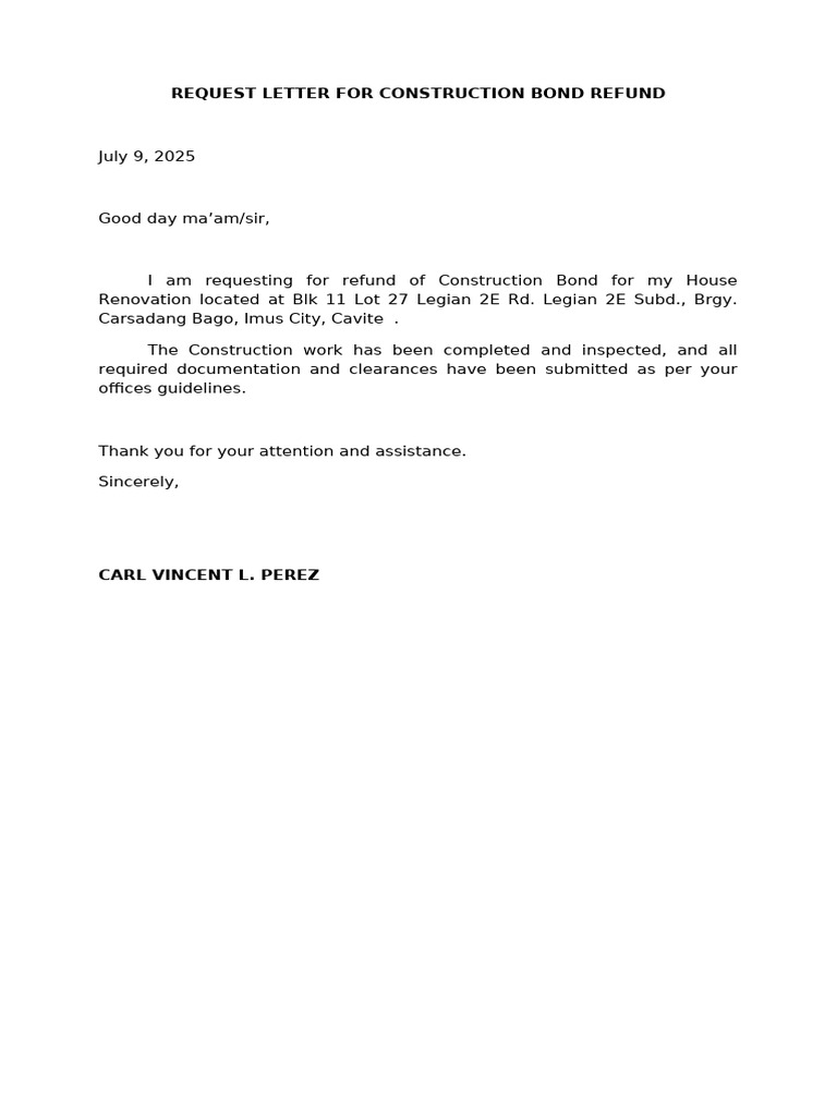 Request Letter For Construction Bond Refund Perez | PDF