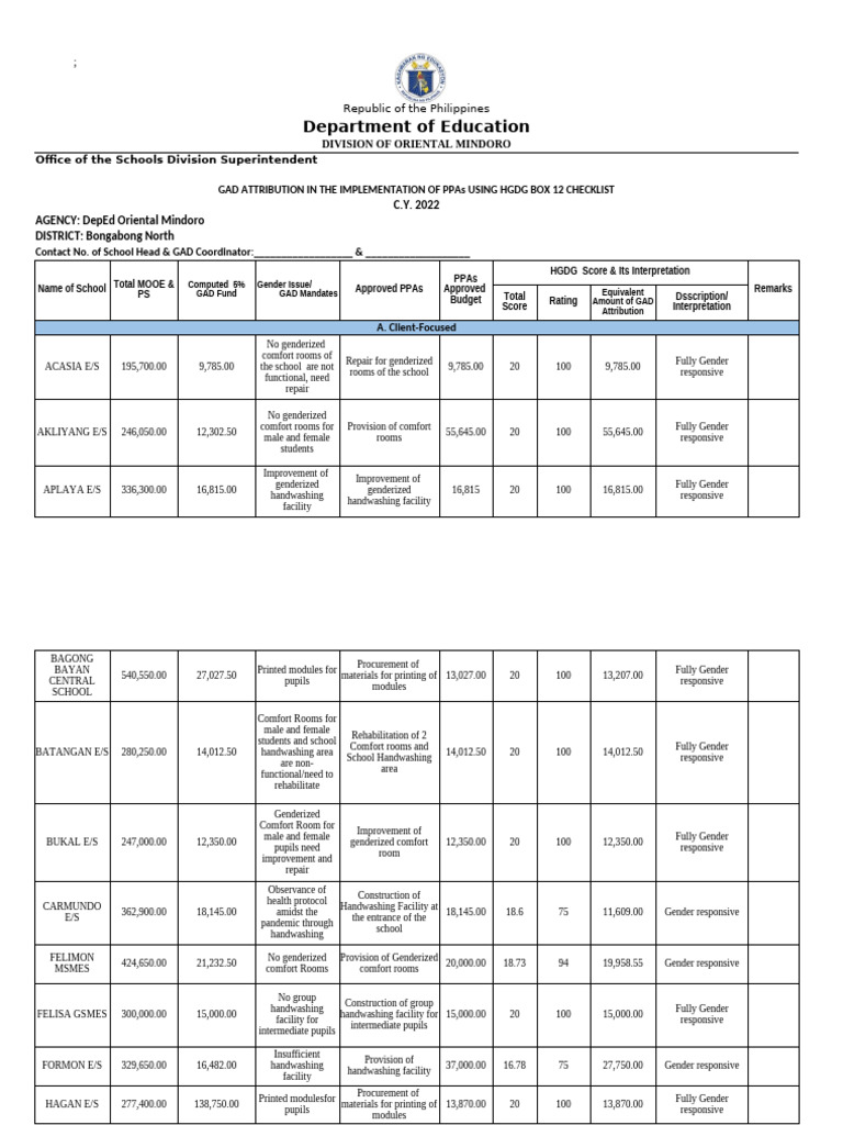 GAD Plan and Budget for Schools 2022 | PDF