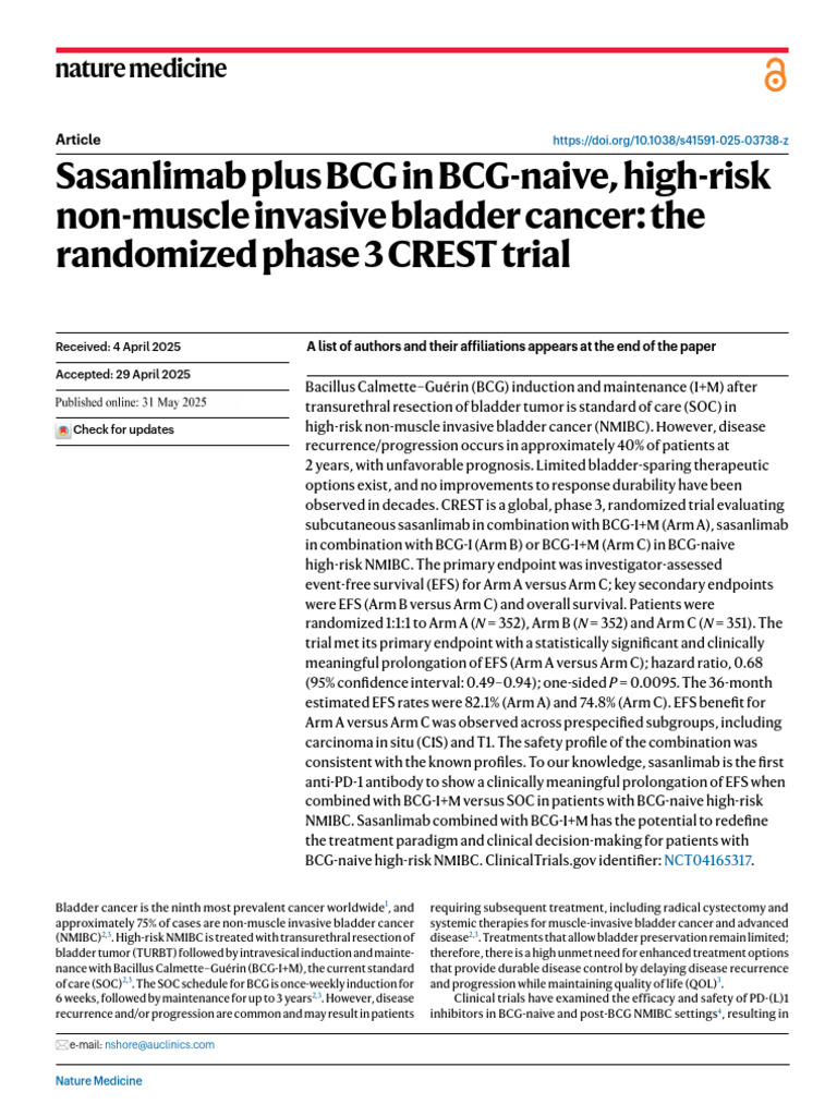 Sasanlimab Plus BCG in BCG-naive, High-Risk Non-Muscle Invasive Bladder ...