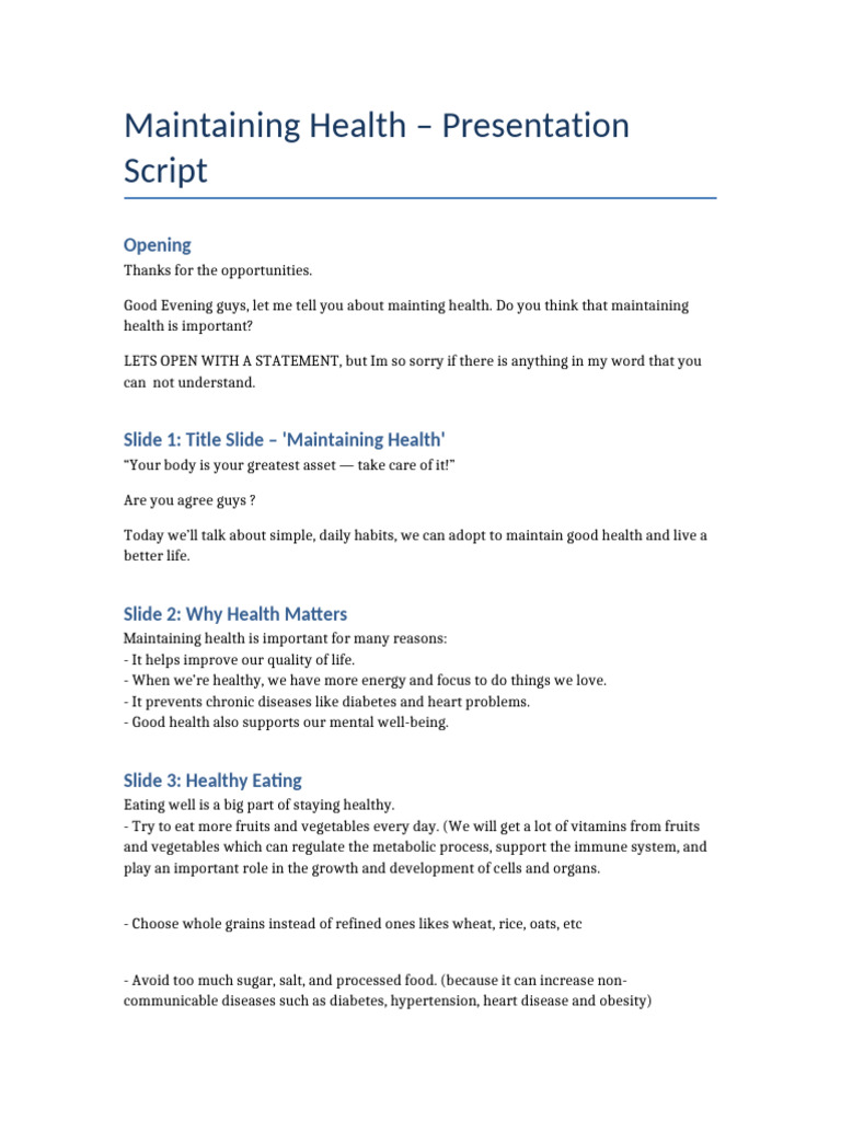 Maintaining Health Script | PDF | Sleep | Healthy Diet