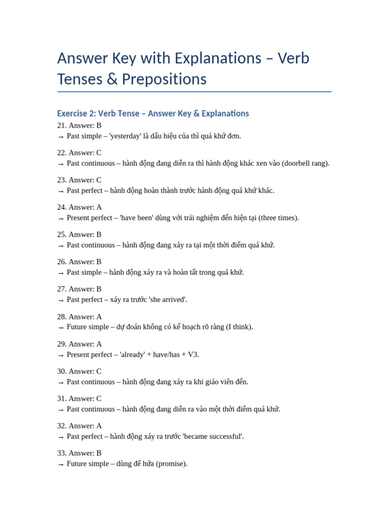 AnswerKey Explanation VerbTense Prepositions | PDF