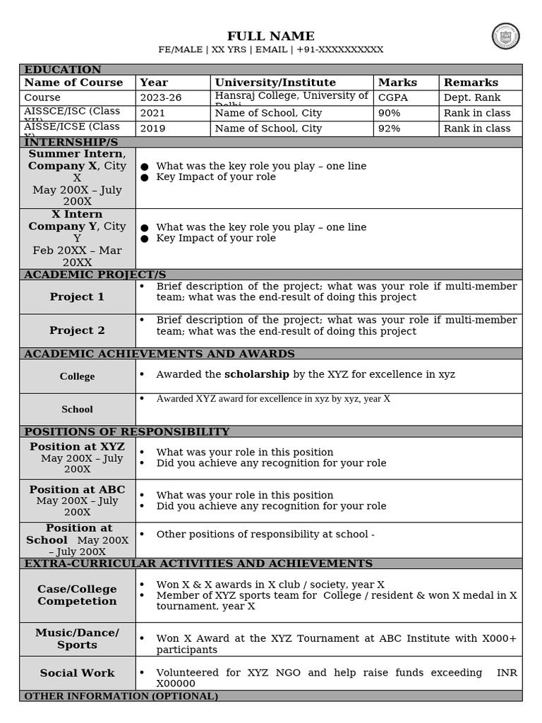 Sample CV Format 2025-26 | PDF