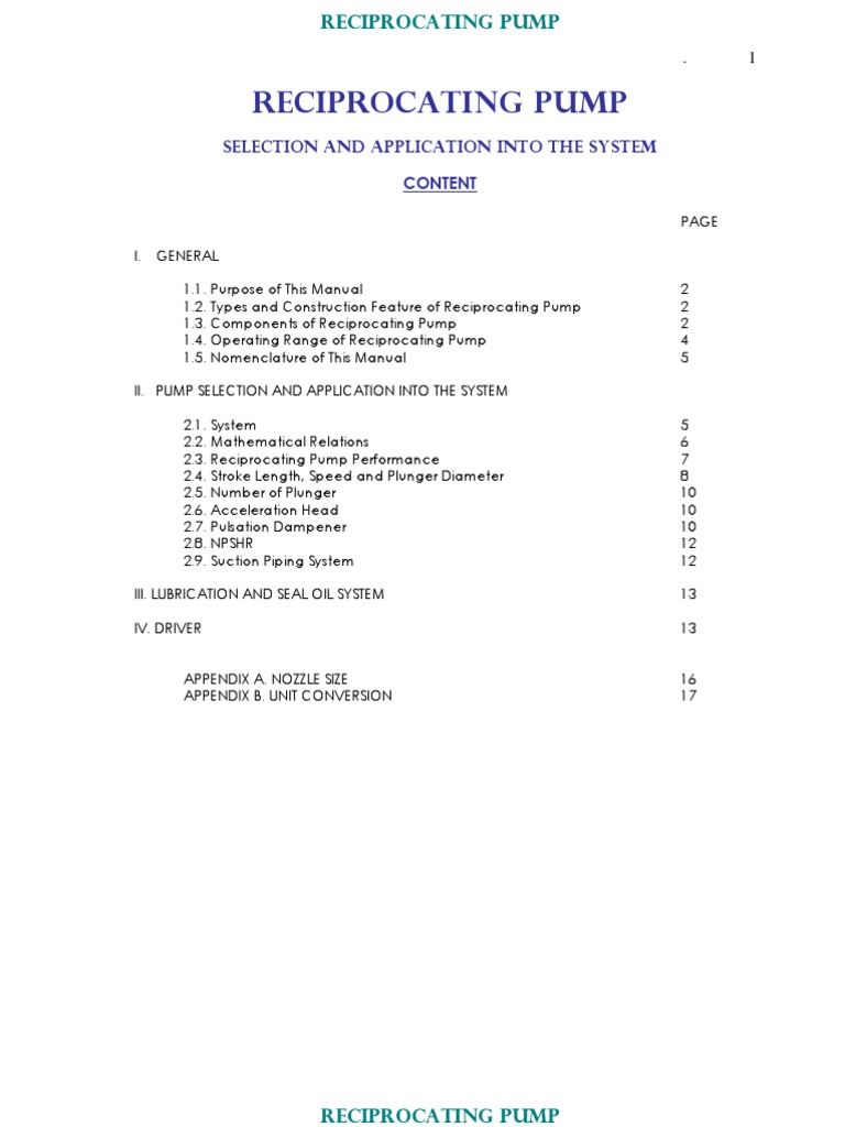 Reciprocating Pump Manual 1 | PDF | Pump | Horsepower