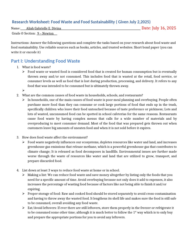 TLE-9 - Research Worksheet Food Waste Sustainability | PDF | Waste ...
