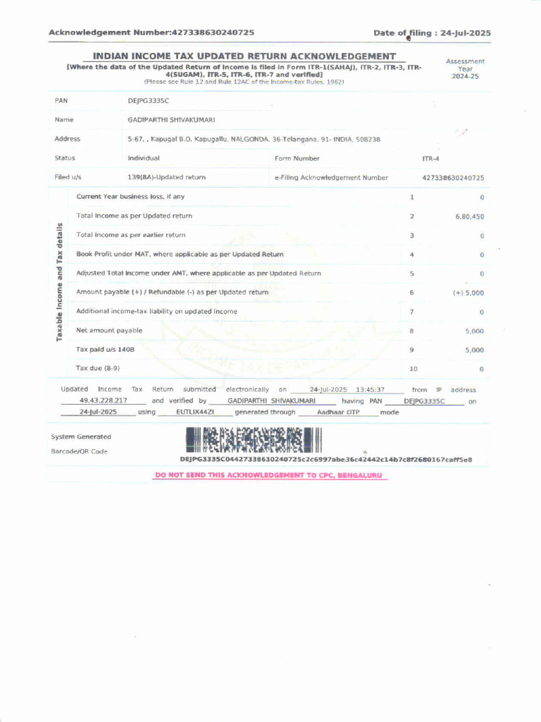 Gadiparthi Shiva Kumari 2024-25 | PDF