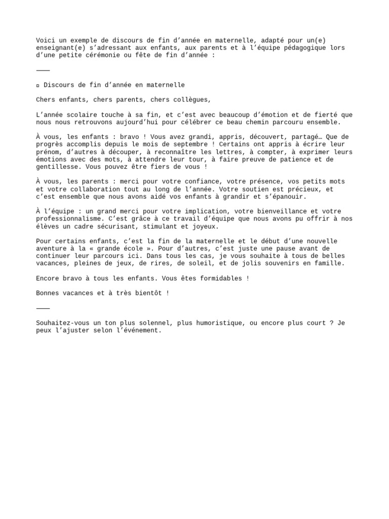 Discours de fin d'année en maternelle | PDF
