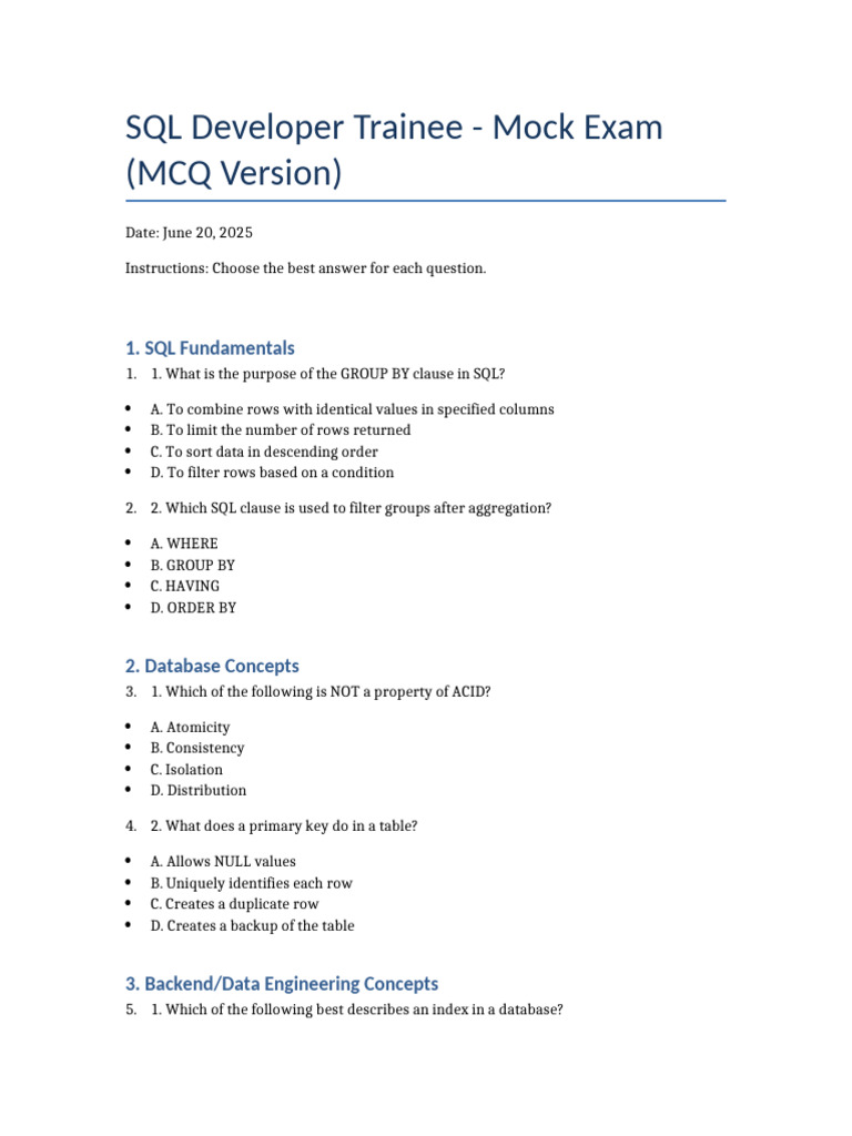 SQL Developer Trainee MCQ Exam | PDF