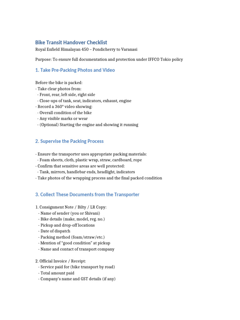 Bike Transit Handover Checklist | PDF