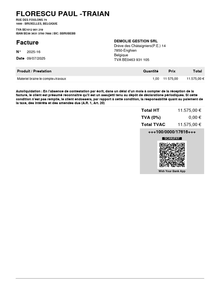 Facture 2025-16 - FLORESCU PAUL | PDF | Documents commerciaux ...