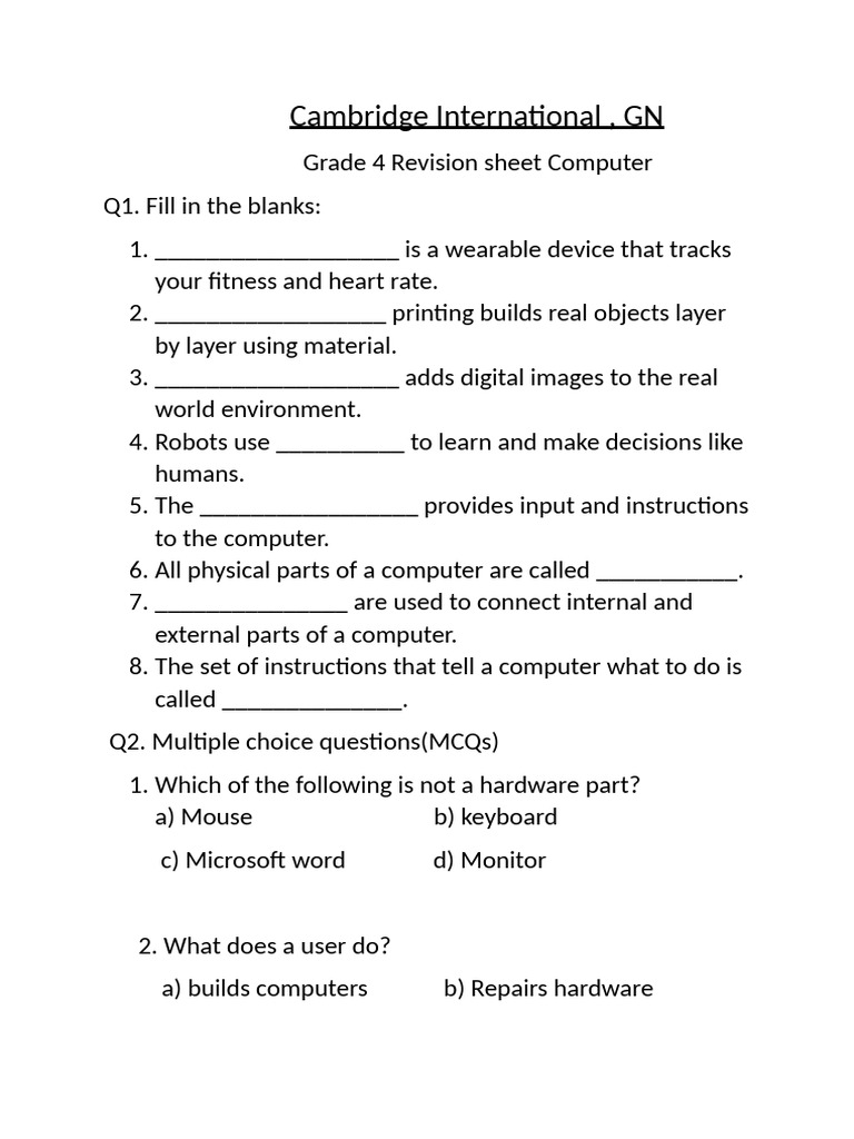 Grade 4 Computer Revision Worksheet | PDF | Computer Hardware | Computer Keyboard