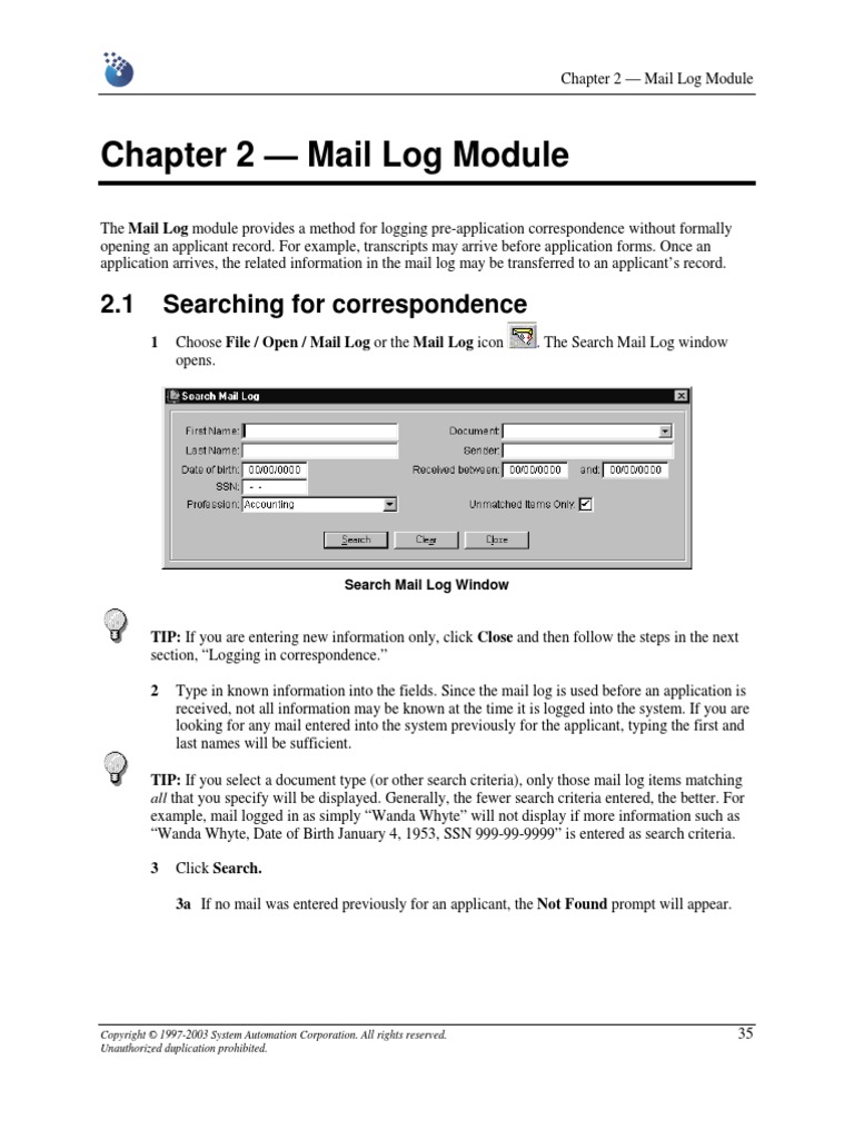Chapter 2 - Mail Log Module: 2.1 Searching For Correspondence | PDF ...
