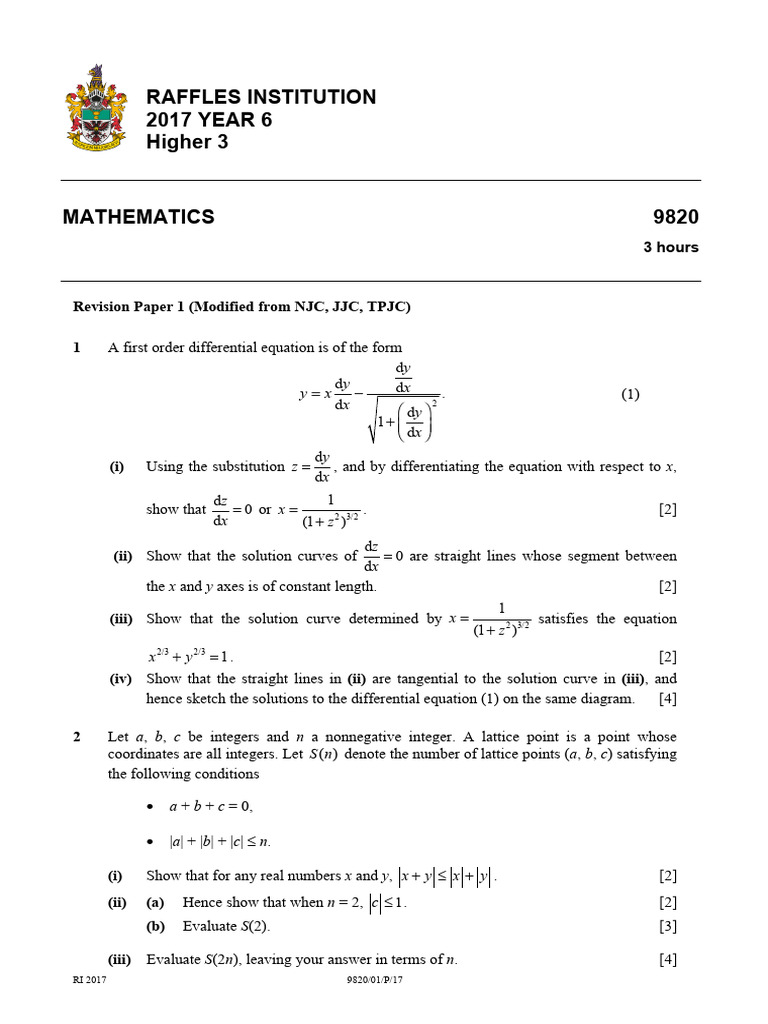 2017 RI H3 Math Revision Paper 1 (Questions) | PDF | Equations | Line ...