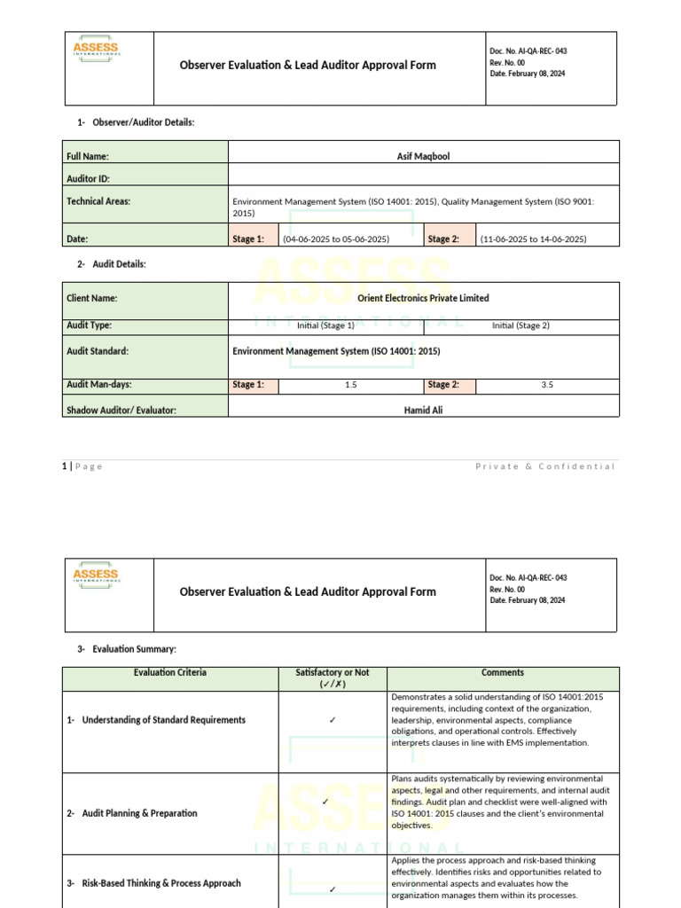 Observer Evaluation & Lead Auditor Approval Form | PDF | Audit | Evaluation